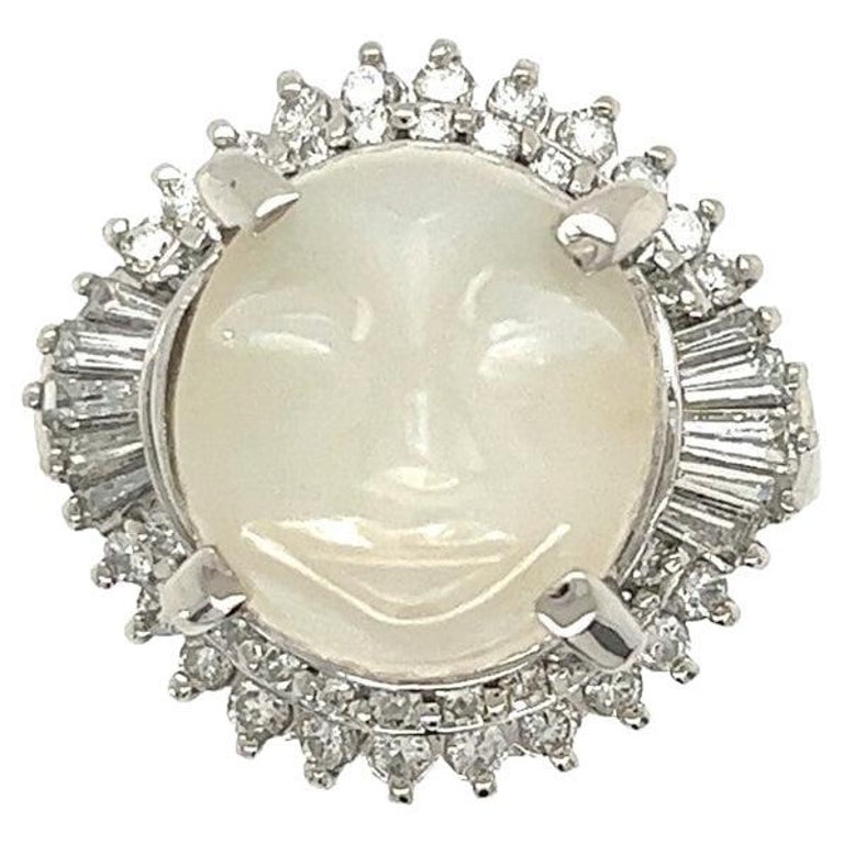 6.94 Carat Carved Moonstone and Diamond Platinum Ring Estate Fine ...