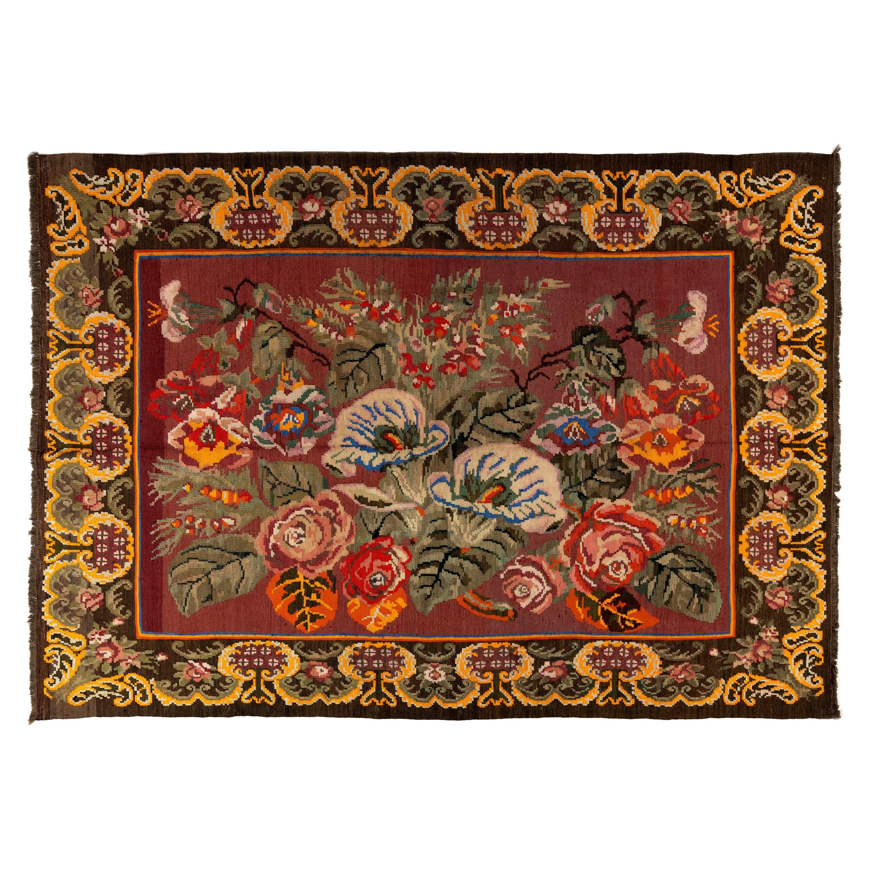 6.8x9.8 Ft Vintage Bessarabian Kilim, Floral Handwoven Wool Rug from ...