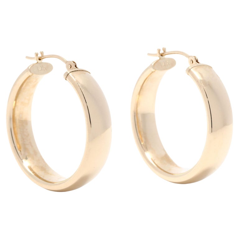 6mm Medium Wide Gold Hoop Earrings, 14K Yellow Gold, Length 1 Inch ...