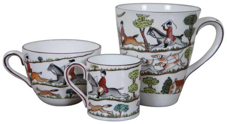 6pc Vtg English Crown Staffordshire Fox Hunting Tea Coffee Cups Mugs ...