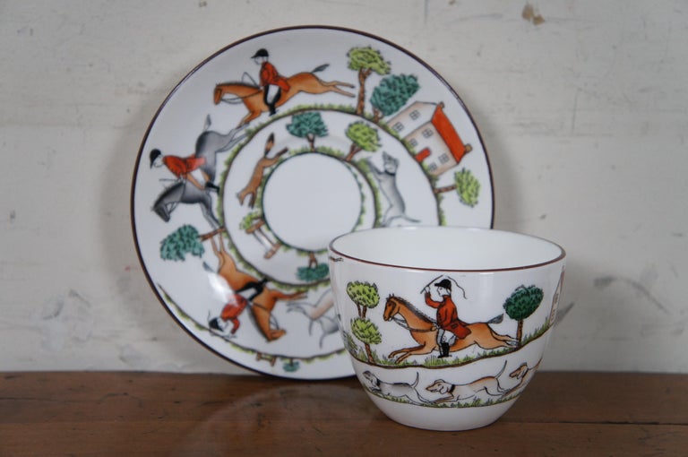 6pc Vtg English Crown Staffordshire Fox Hunting Tea Coffee Cups Mugs ...