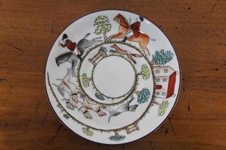 6pc Vtg English Crown Staffordshire Fox Hunting Tea Coffee Cups Mugs ...