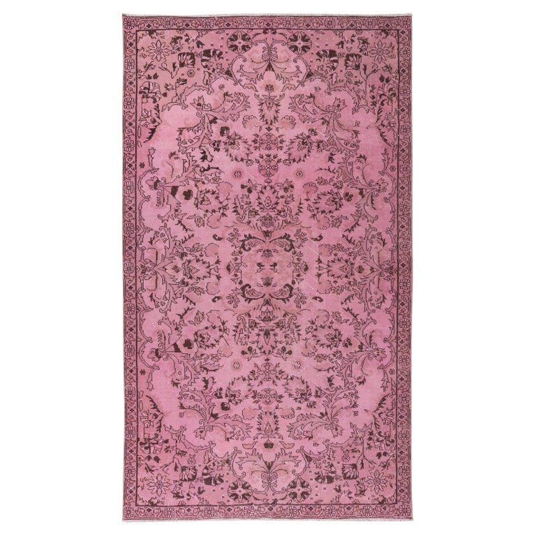 Handmade Anatolian Vintage Wool Rug in Pink with Floral Garden Design ...