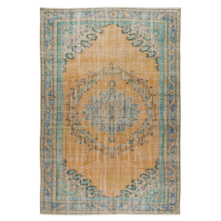 6x8.6 Ft Handmade Medallion Design Vintage Turkish Rug in Orange, Blue ...