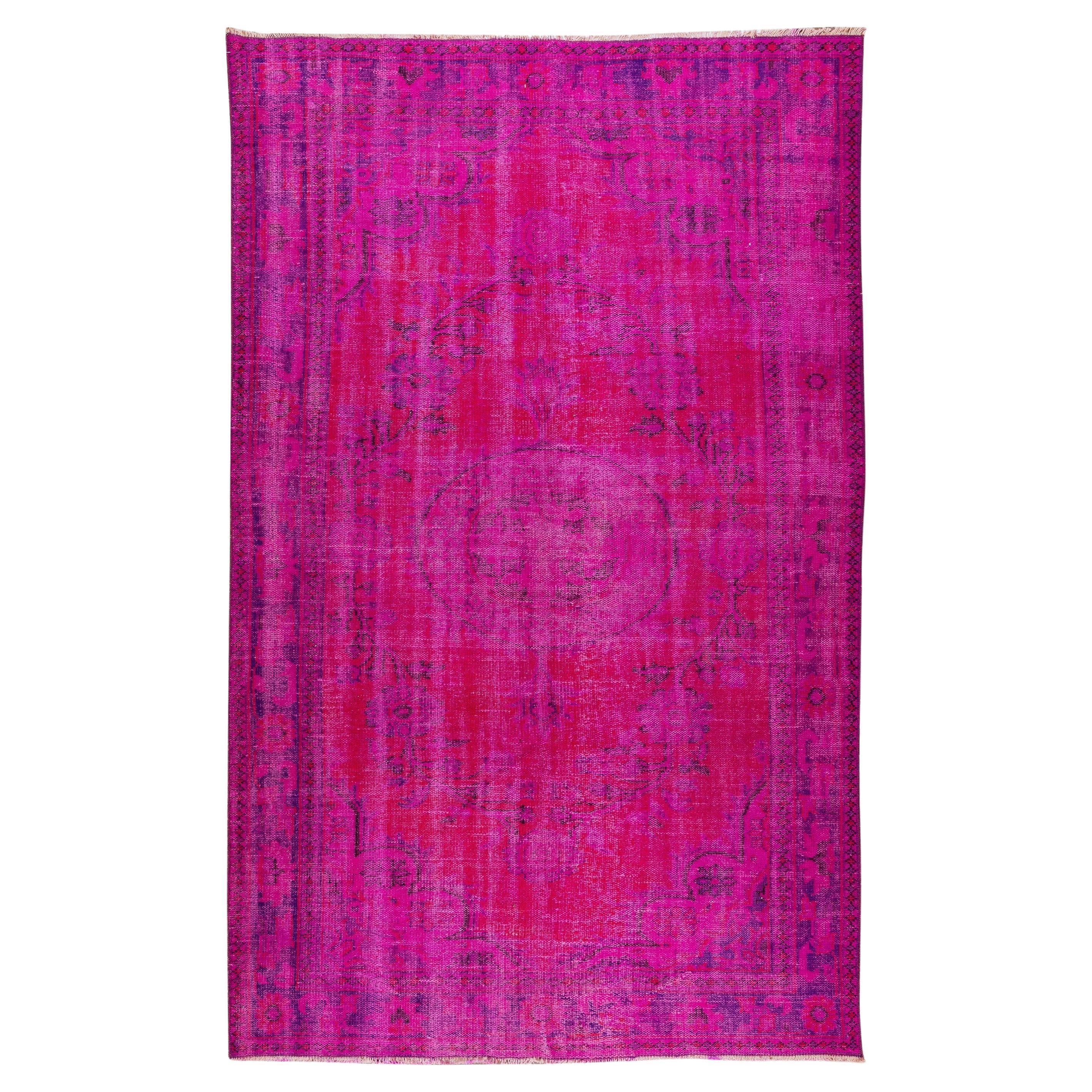 Vintage Handmade Turkish Wool Area Rug Over-Dyed in Fuchsia Pink For ...