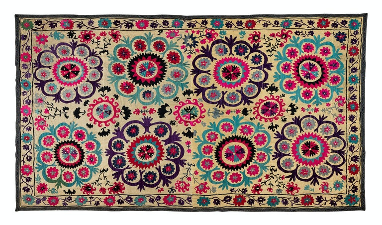 Silk Embroidery Throw, Floral 1970s Suzani Tapestry, Uzbek Wall Hanging ...