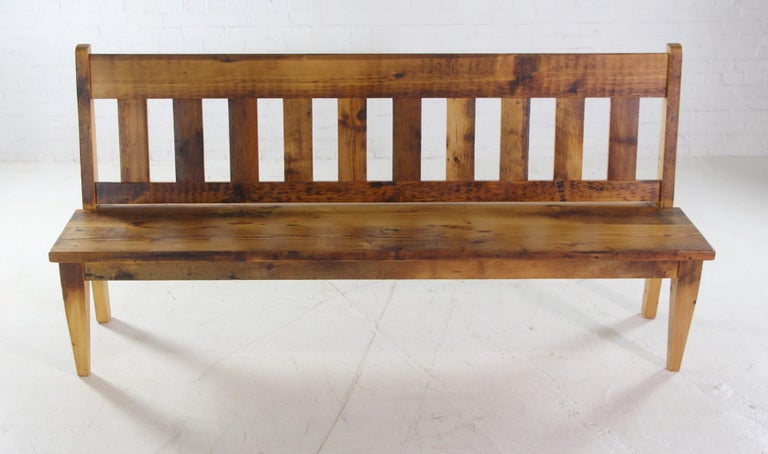 7 Ft Slatted Wood Bench with Reclaimed Pine Beams and Natural Stain For ...