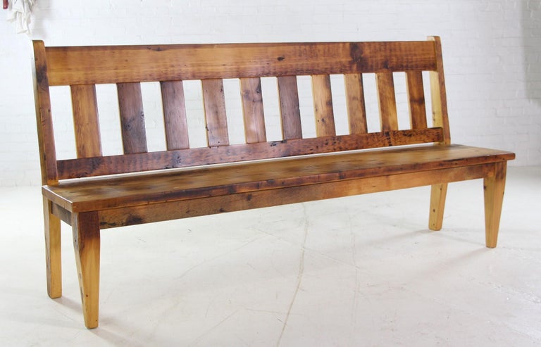 7 Ft Slatted Wood Bench with Reclaimed Pine Beams and Natural Stain For ...