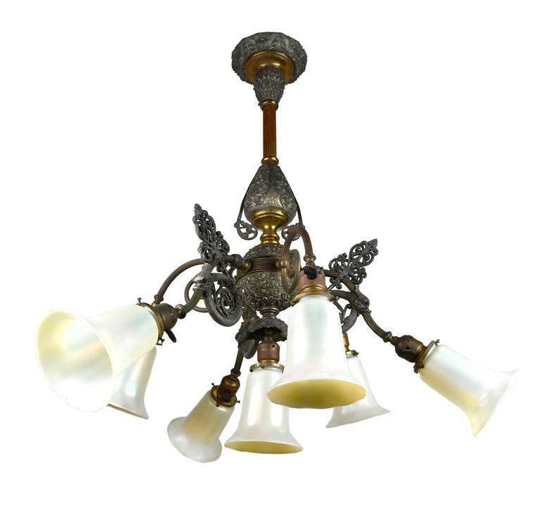 7-Light Chandelier with Quezal Shades and Gargoyle Design at 1stDibs