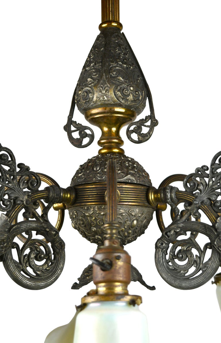 7-Light Chandelier with Quezal Shades and Gargoyle Design at 1stDibs