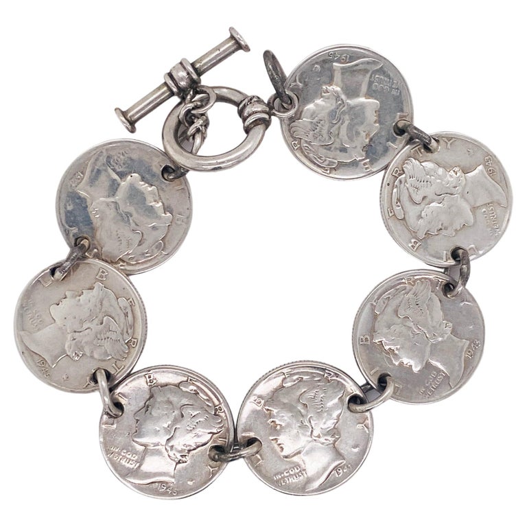 7 Mercury Dimes Toggle Bracelet Sterling Silver Cute Bracelet For Sale ...