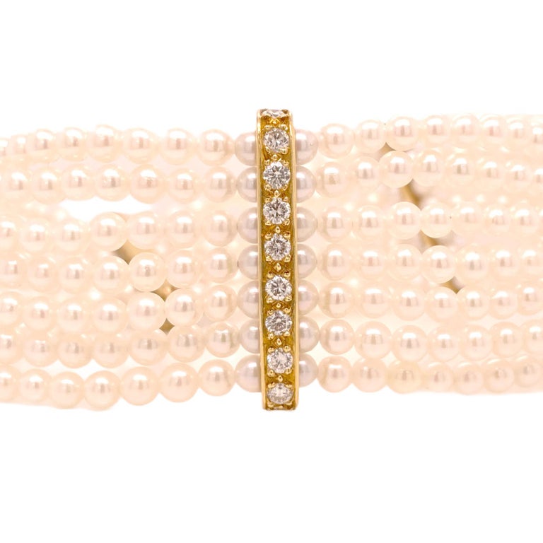 7-Row Pearl Diamond 18 Karat Yellow Gold Wide Bracelet at 1stDibs