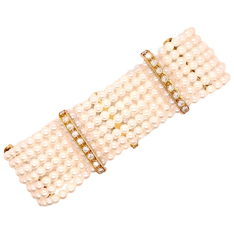 7-Row Pearl Diamond 18 Karat Yellow Gold Wide Bracelet at 1stDibs