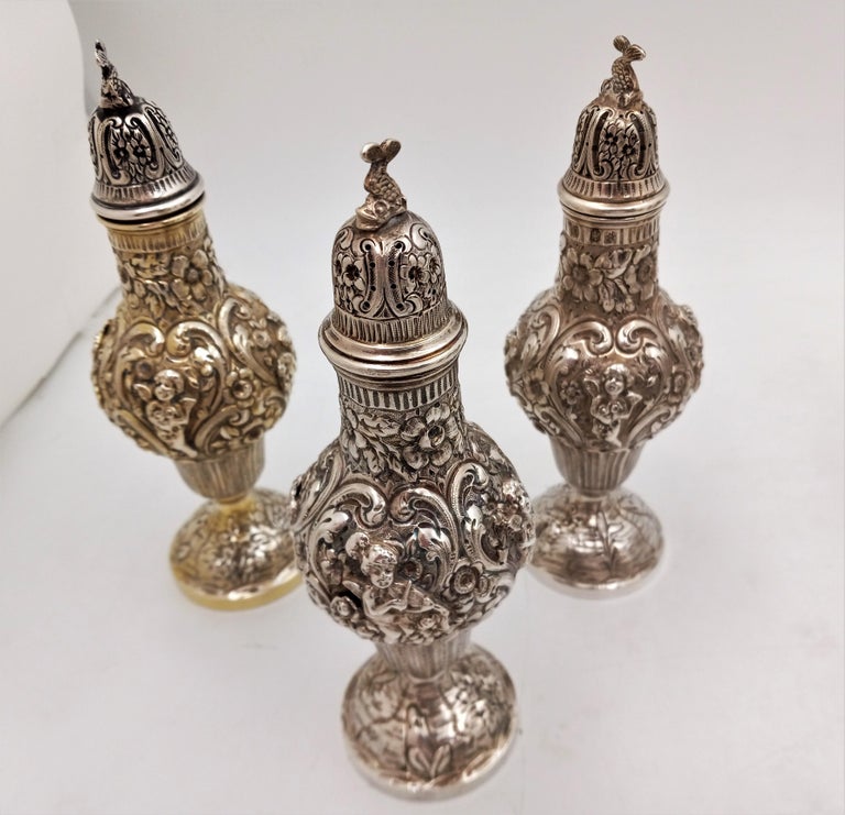 7 Sterling Silver Hand Chased Cherub Repousse Master Shakers, European ...