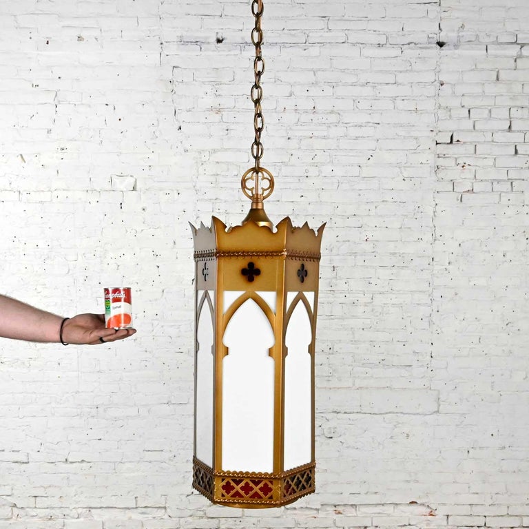 Vintage Gothic Gold Painted Metal and White Hanging Light Fixtures Sold ...