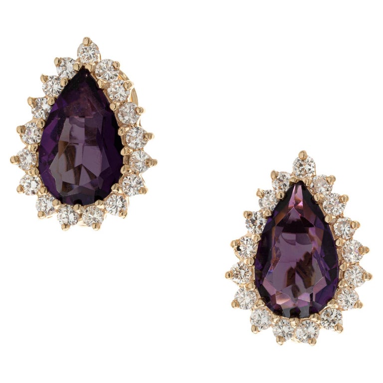 7.00 Carat Pear Amethyst Diamond Halo Gold Clip Post Earrings For Sale ...
