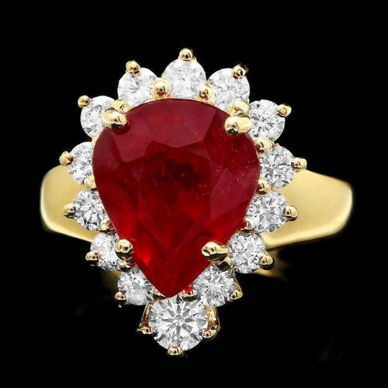 7.00 Carats Natural Red Ruby and Diamond 14K Solid Yellow Gold Ring For ...