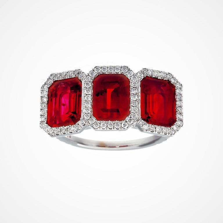 7.05 Carat 3-Stone Burma Ruby and Diamond Ring For Sale at 1stDibs
