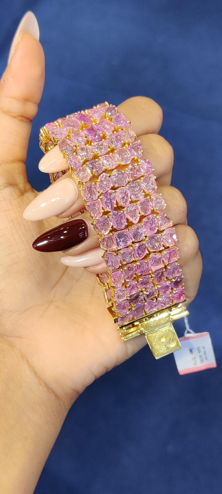 70.71 Carat Unshape Pink Sapphire Statement Bracelet Handcrafted in 14k ...