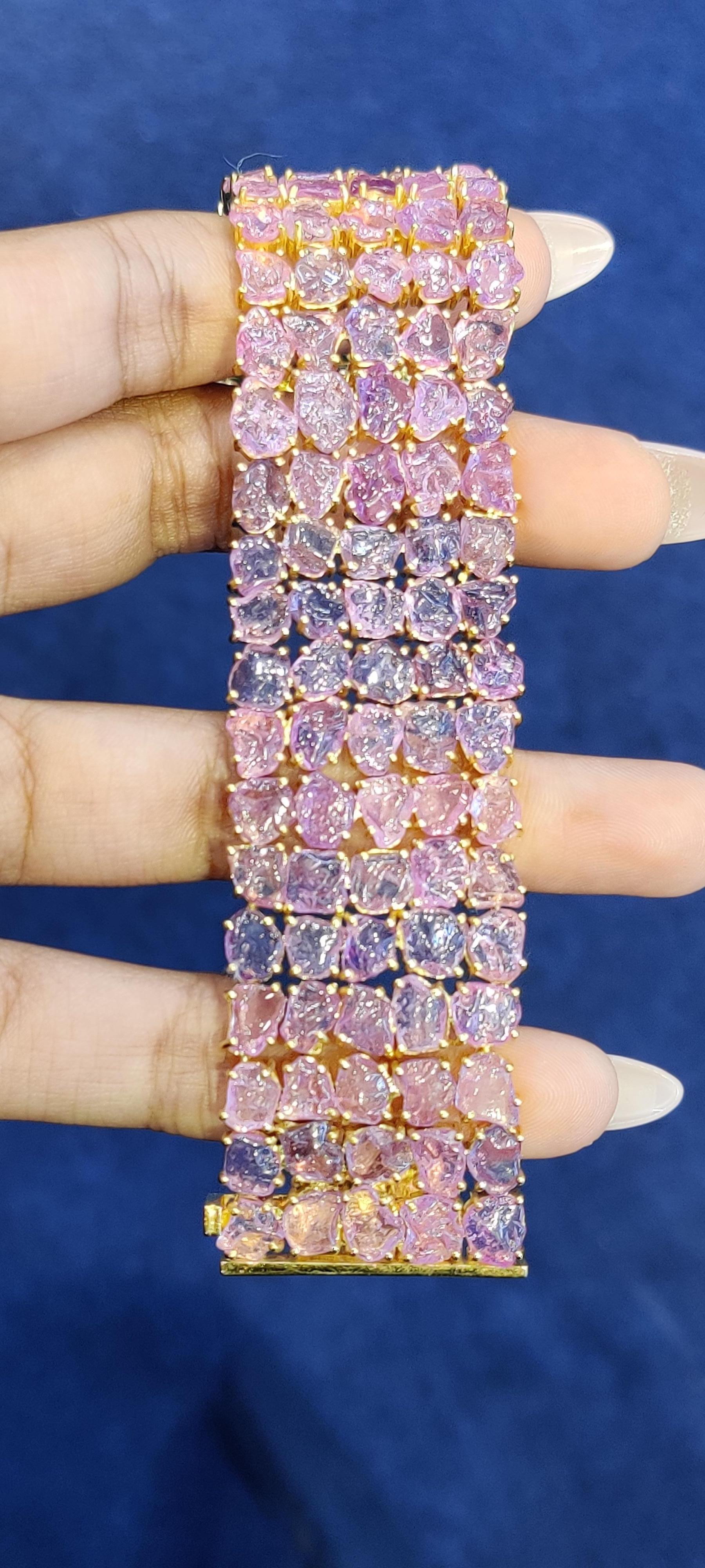 70.71 Carat Edwardian Pink Sapphire Statement Bracelet Handcrafted in 14k Gold For Sale at 1stDibs