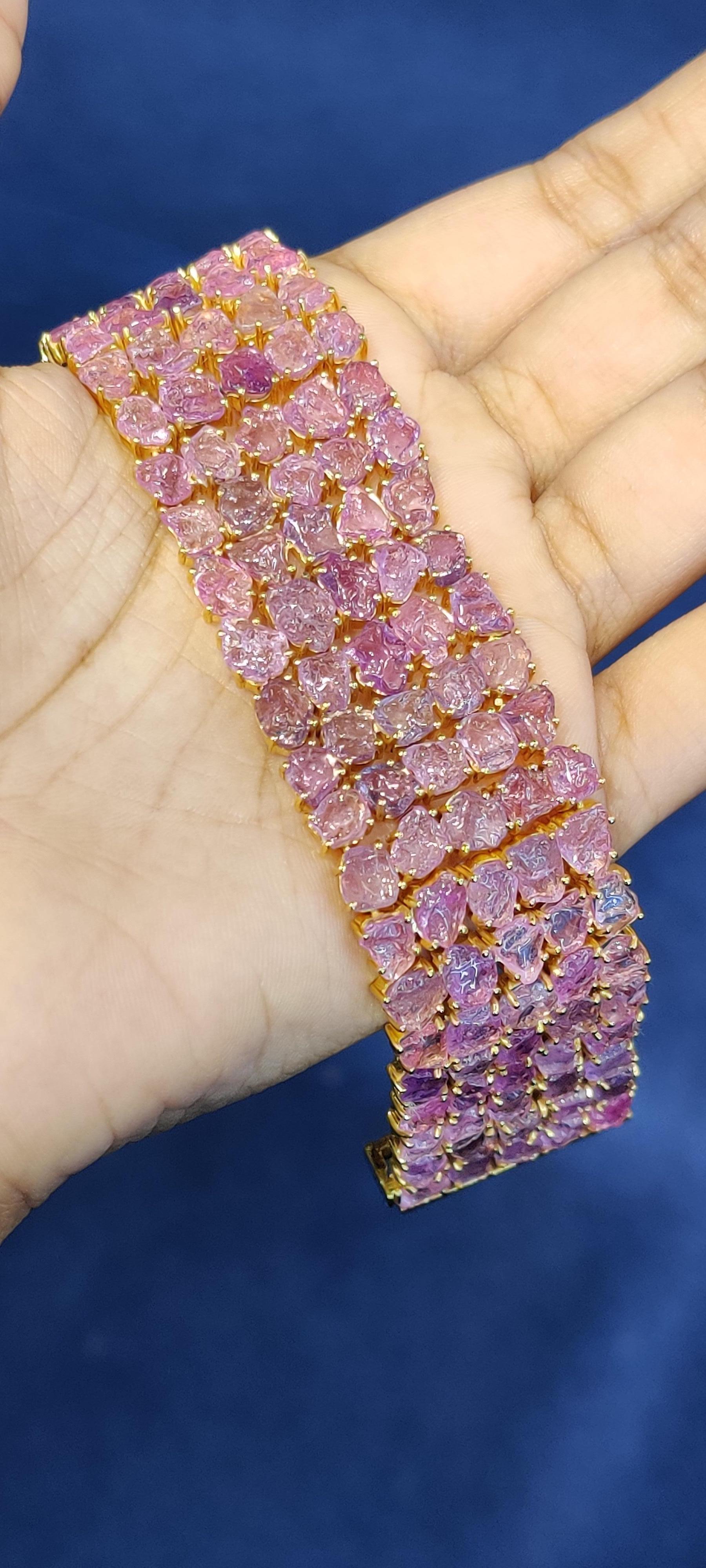70.71 Carat Edwardian Pink Sapphire Statement Bracelet Handcrafted in 14k Gold For Sale at 1stDibs