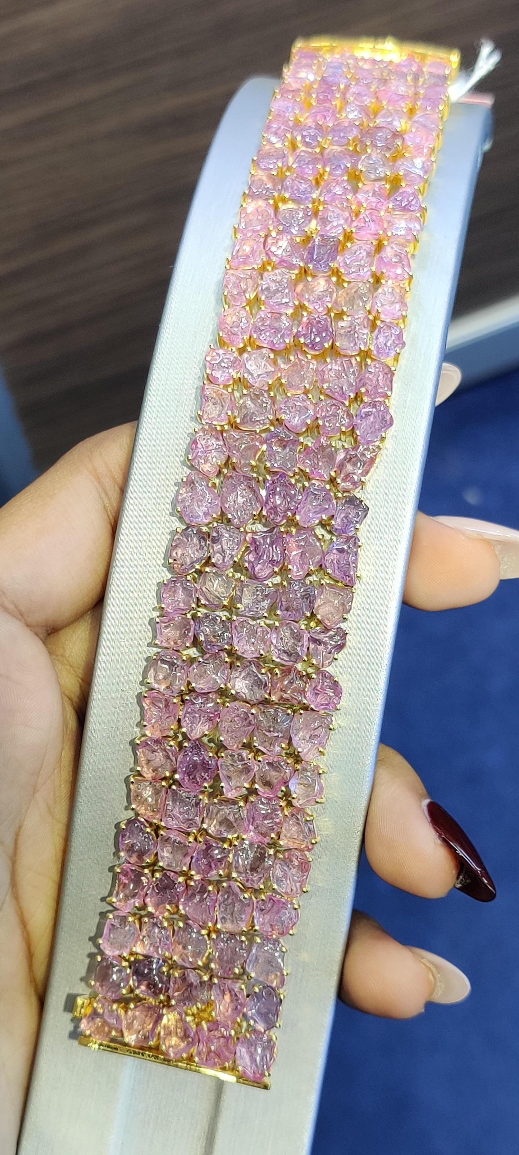 70.71 Carat Edwardian Pink Sapphire Statement Bracelet Handcrafted in 14k Gold For Sale at 1stDibs