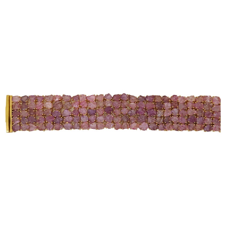 70.71 Carat Unshape Pink Sapphire Statement Bracelet Handcrafted in 14k Gold For Sale at 1stDibs