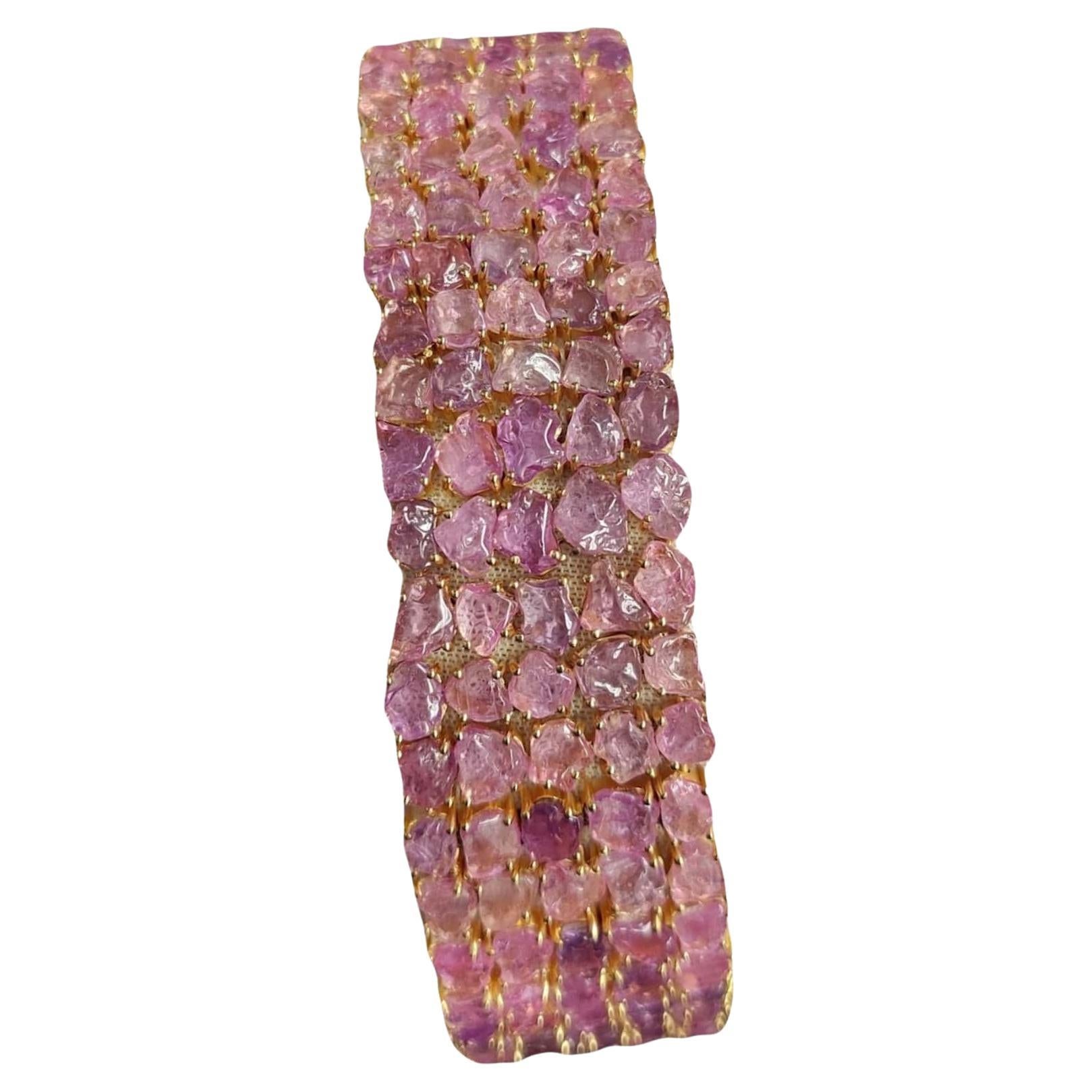 70.71 Carat Edwardian Pink Sapphire Statement Bracelet Handcrafted in 14k Gold For Sale at 1stDibs
