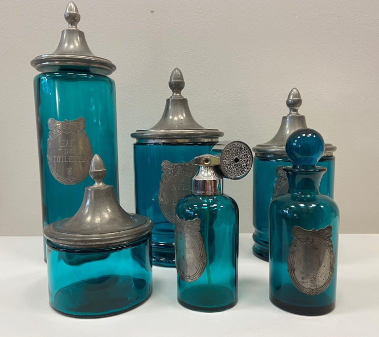 70s Blue French Crystal vanity set of 6 pieces, L'Étain a la Rose ...