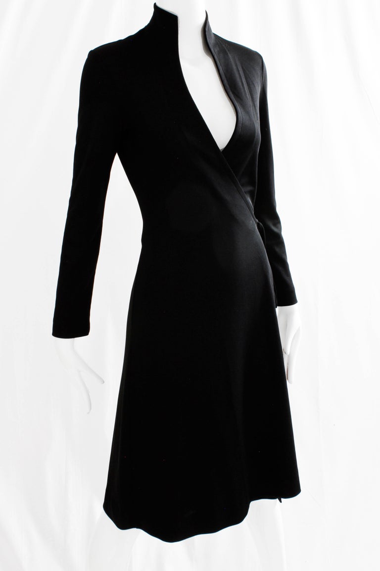 70s Clovis Ruffin Black Jersey Wrap Dress with Swan Neck Collar Vintage ...