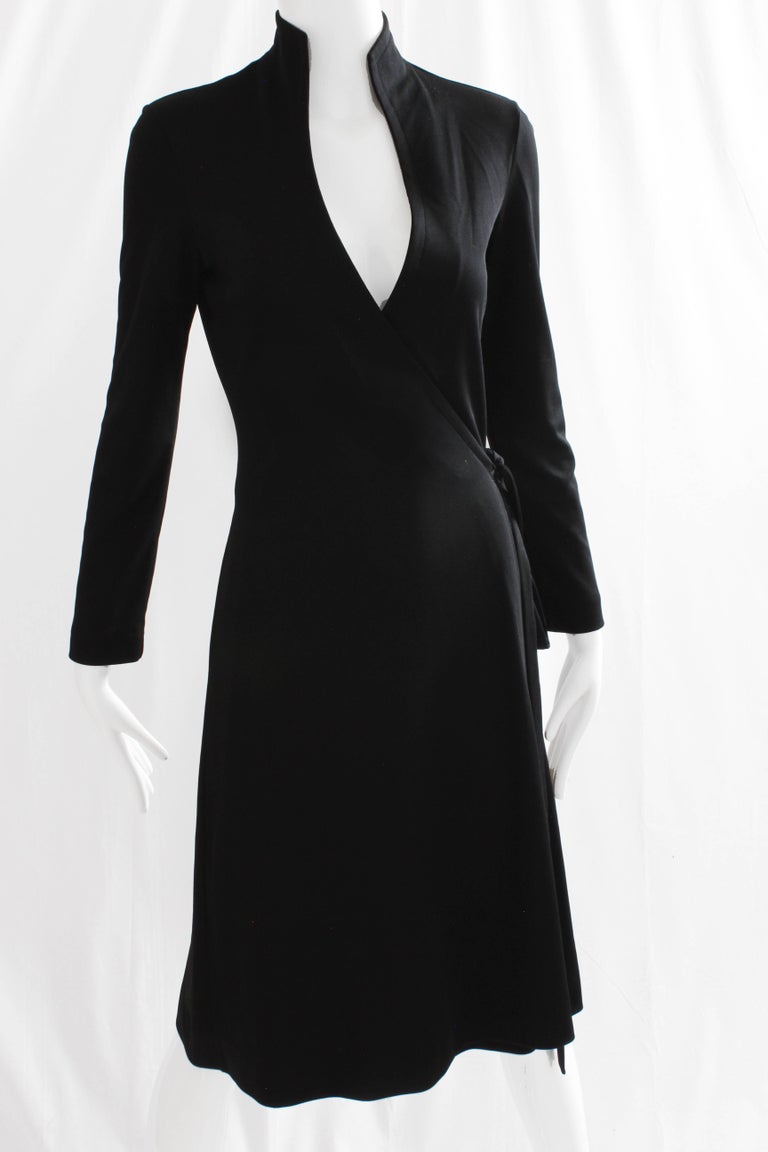 70s Clovis Ruffin Black Jersey Wrap Dress with Swan Neck Collar Vintage ...