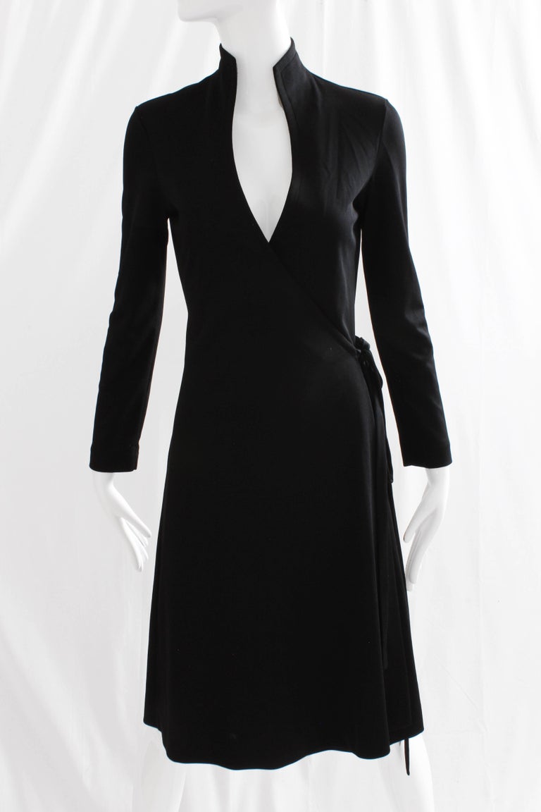 70s Clovis Ruffin Black Jersey Wrap Dress with Swan Neck Collar Vintage ...