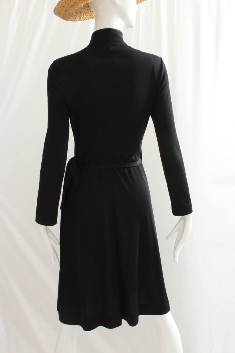 70s Clovis Ruffin Black Jersey Wrap Dress with Swan Neck Collar Vintage ...