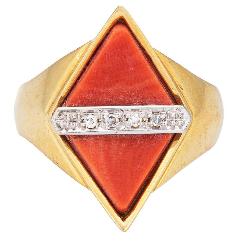 70s Coral Diamond Ring Triangle 18k Yellow Gold Small Cocktail Estate ...