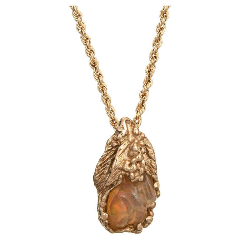 70s Freeform Mexican Fire Opal Necklace Pendant 14k Yellow Gold Orange ...