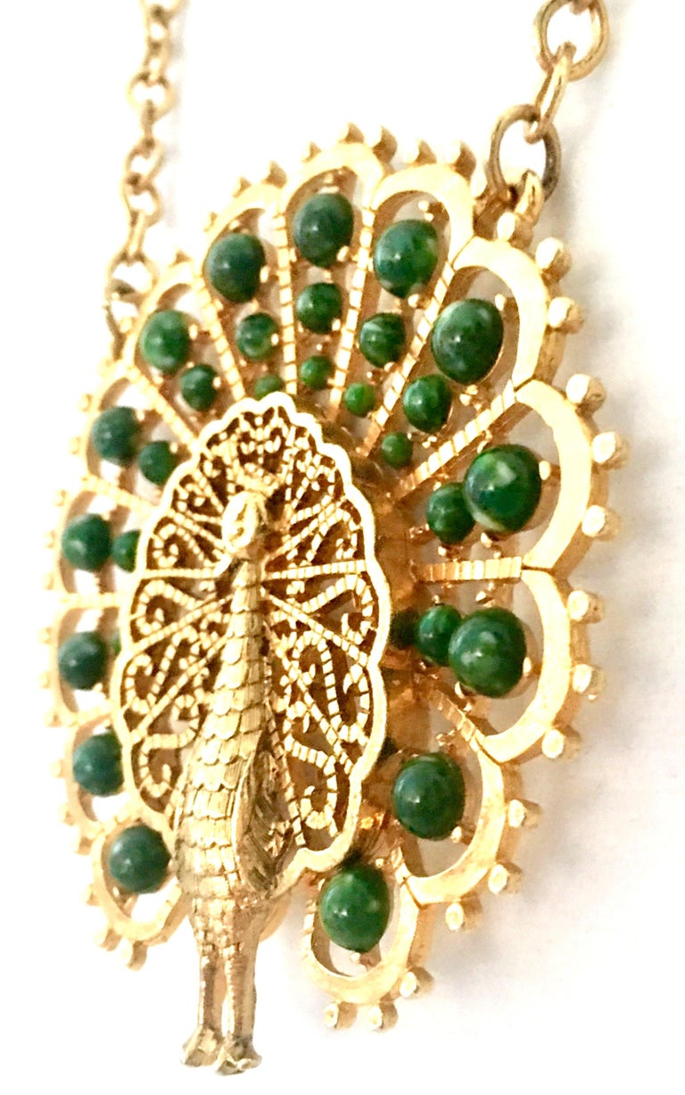 70'S Gold Plate and Faux Jade Bead Peacock Pendant Necklace By, Gold ...