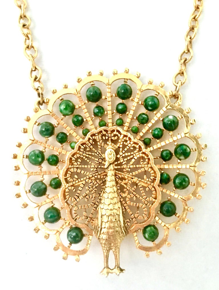70'S Gold Plate and Faux Jade Bead Peacock Pendant Necklace By, Gold ...