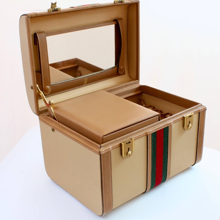 Gucci Train Case Beige Canvas Red Green Webbing Beauty Bag Travel Carry ...