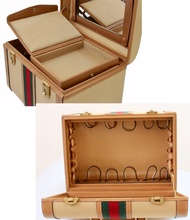 Gucci Train Case Beige Canvas Red Green Webbing Beauty Bag Travel Carry ...