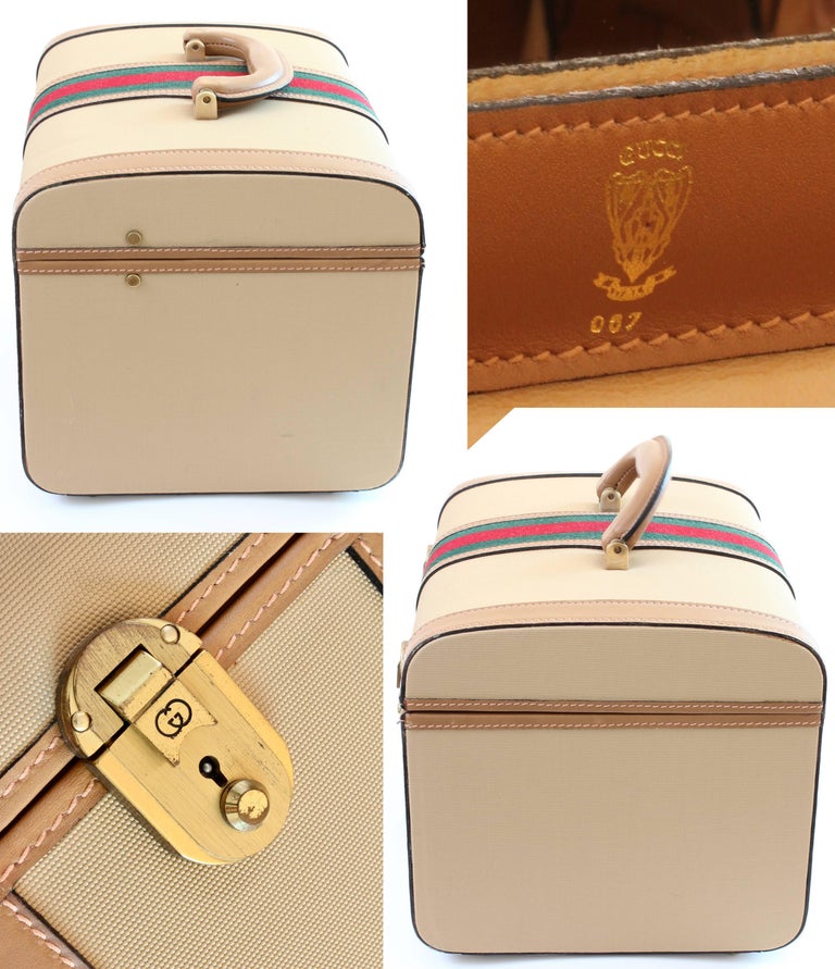 Gucci Train Case Beige Canvas Red Green Webbing Beauty Bag Travel Carry ...