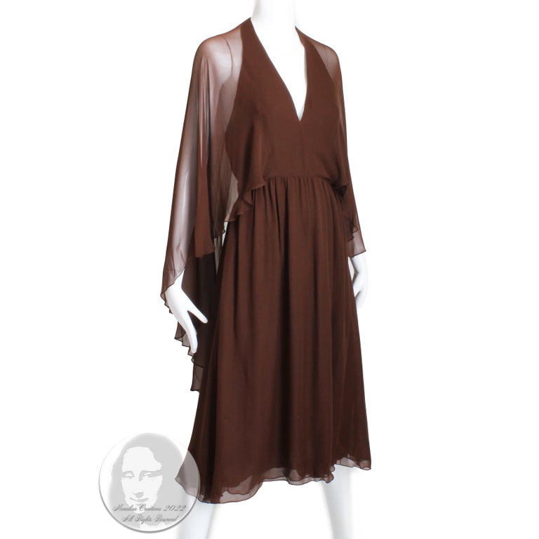 70s Halston Halter Dress with Attached Sheer Angel Sleeve Shawl Silk ...