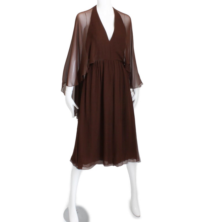 70s Halston Halter Dress with Attached Sheer Angel Sleeve Shawl Silk ...