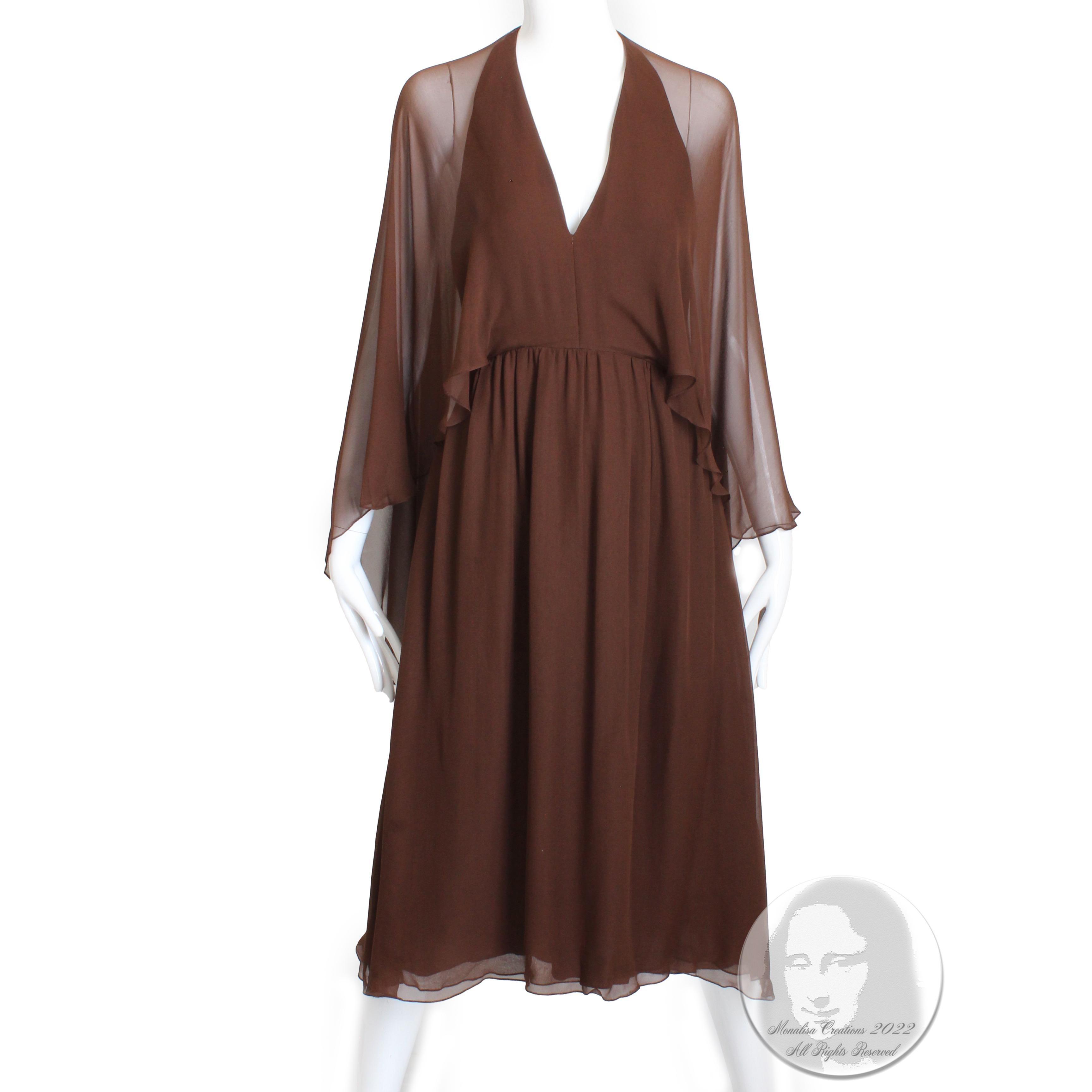 70s Halston Halter Dress with Attached Sheer Angel Sleeve Shawl Silk ...