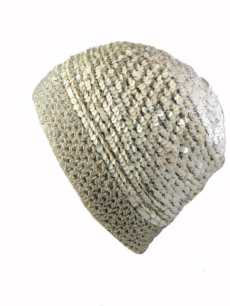 70s Halston Sequins Skull Cap Hat White Silver Metallic Adjustable Saks ...