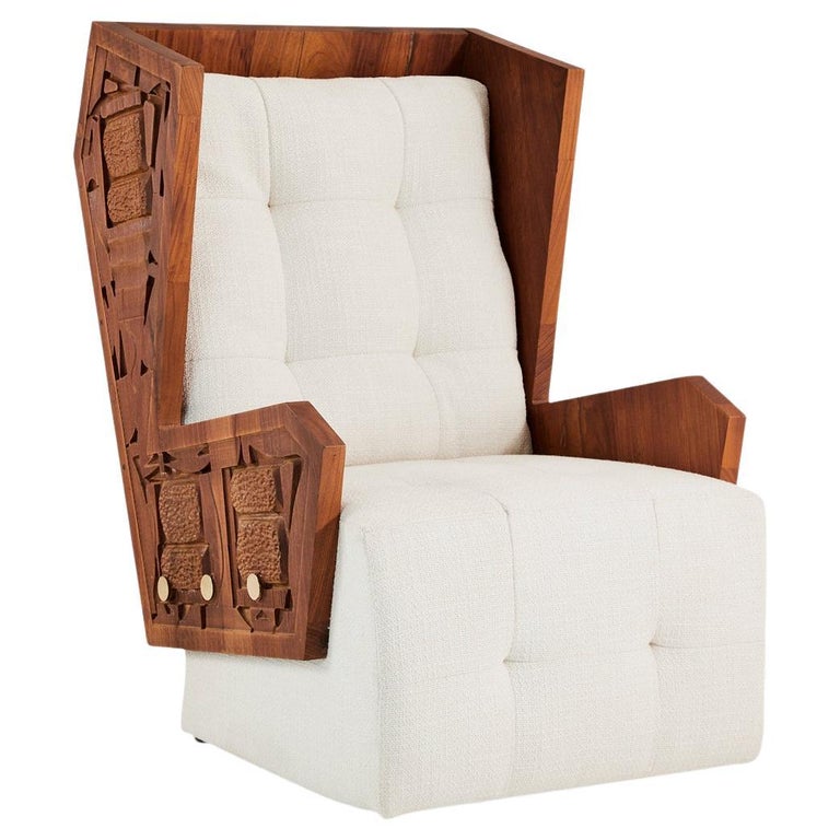 70's Inspired Modern Boucle, Brass and Carved Walnut Oromo Wingback by ...