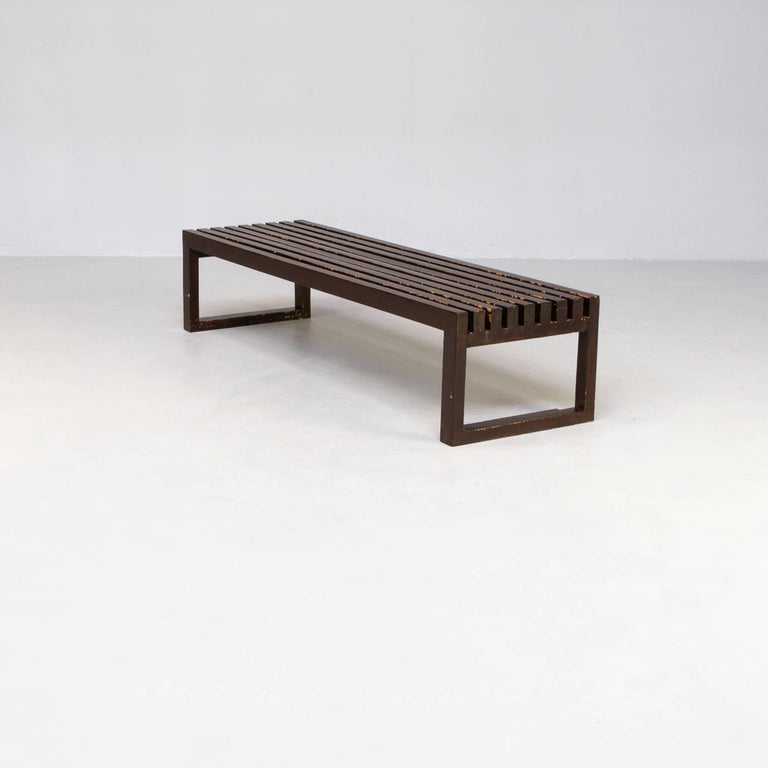70s Long Wooden Slatted Bench For Sale at 1stDibs