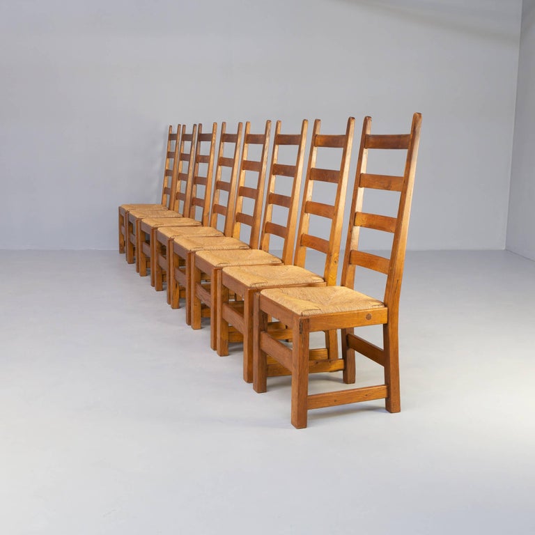 70s Oak and Wicker Brutalist High Back Dining Chair Set/8 For Sale at ...