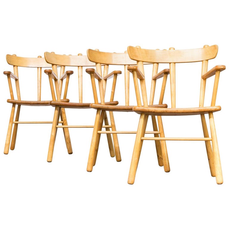 1970s Oak Round Wood Dining Chair Set of 4 For Sale at 1stDibs
