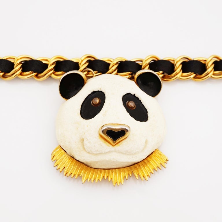70s Panda Face Pendant Statement Necklace w Woven Black Leather Chain ...