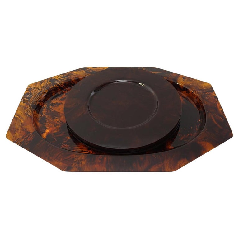 70s Rare Octagonal Faux Tortoise Tray with Four Round Plates Attributed ...